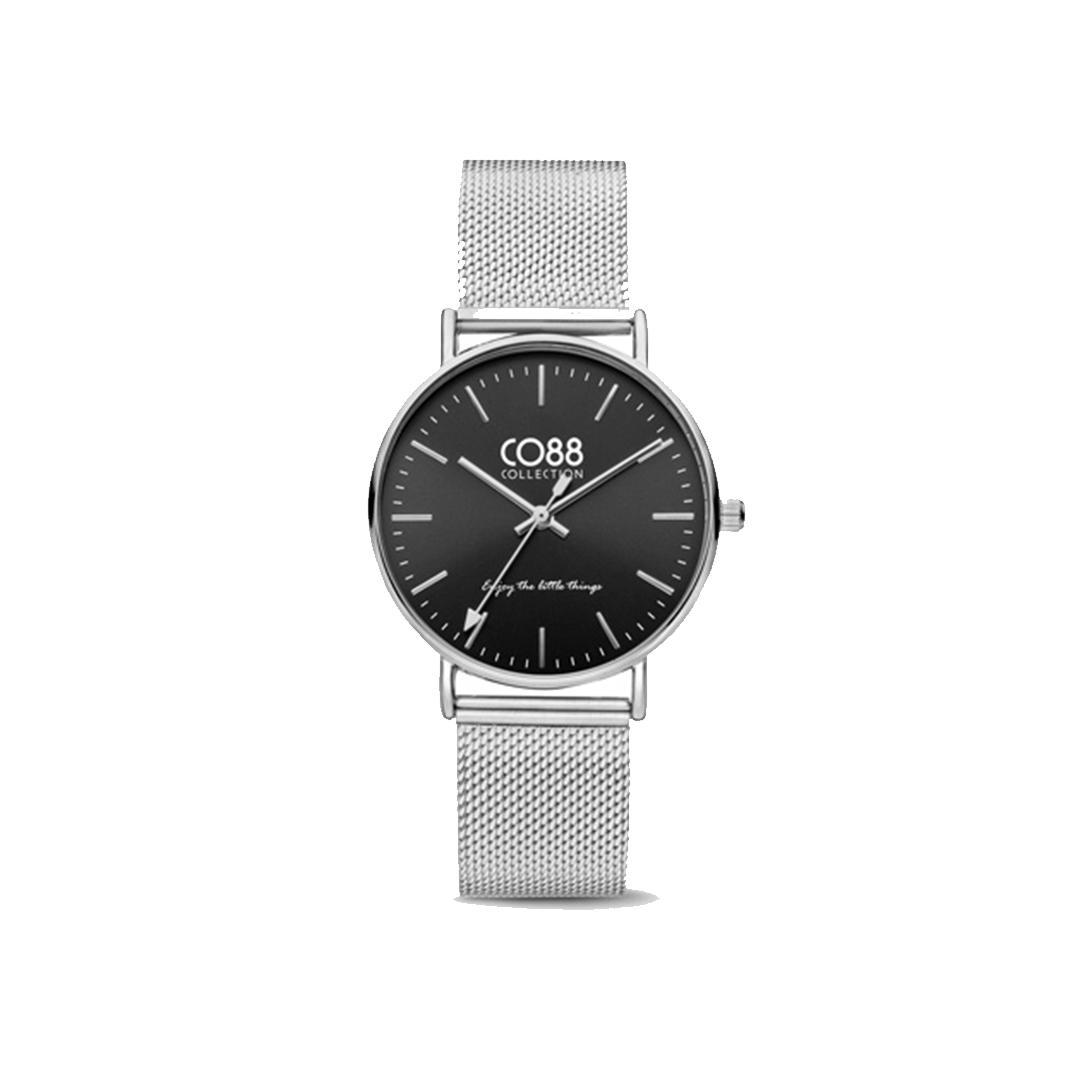 Black Dial Watch With Silver Mesh Strap - CO88 Collection
